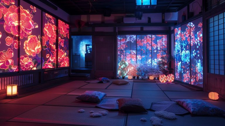 Traditional Japanese Houses with Neon Floral Designs