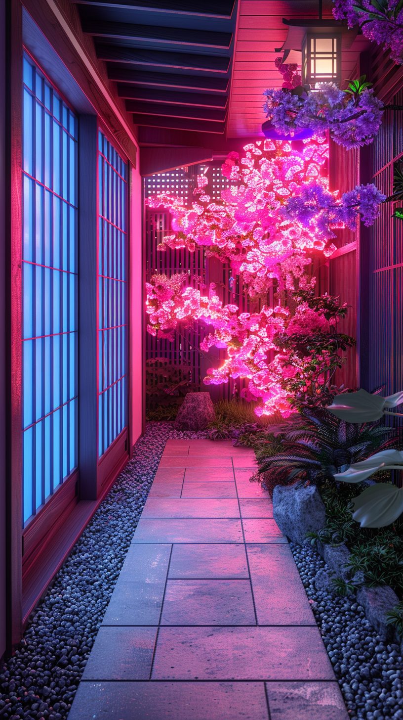 Traditional Japanese Houses with Neon Floral Designs