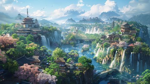 Aerial View of a Japanese Village with Beautiful Landscapes – Anime Vibes