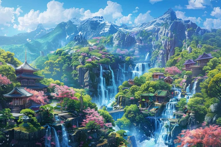 Aerial View of a Japanese Village with Beautiful Landscapes – Anime Vibes