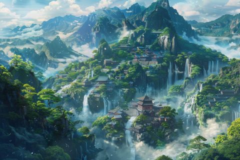 Aerial View of a Japanese Village with Beautiful Landscapes – Anime Vibes