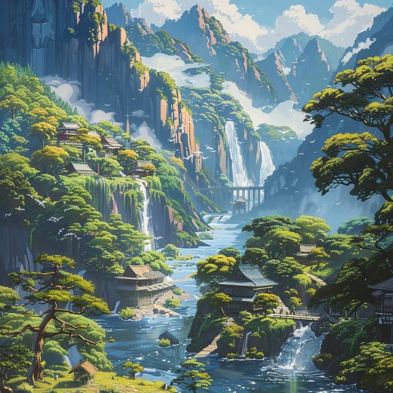 Aerial View of a Japanese Village with Beautiful Landscapes – Anime Vibes