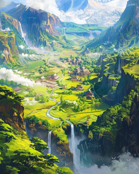 Aerial View of a Japanese Village with Beautiful Landscapes – Anime Vibes