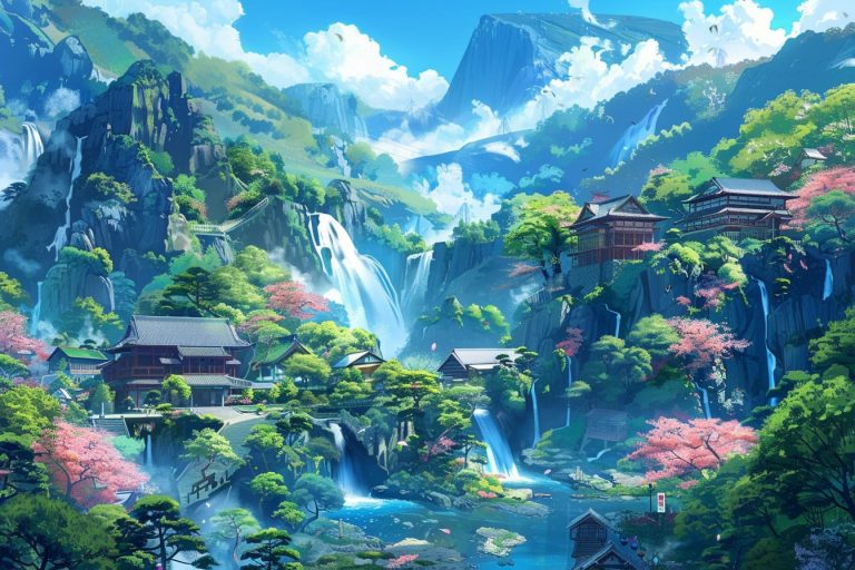 Aerial View of a Japanese Village with Beautiful Landscapes – Anime Vibes