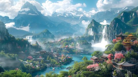 Aerial View of a Japanese Village with Beautiful Landscapes – Anime Vibes