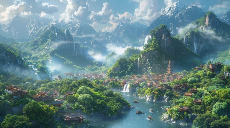 Aerial View of a Japanese Village with Beautiful Landscapes – Anime Vibes