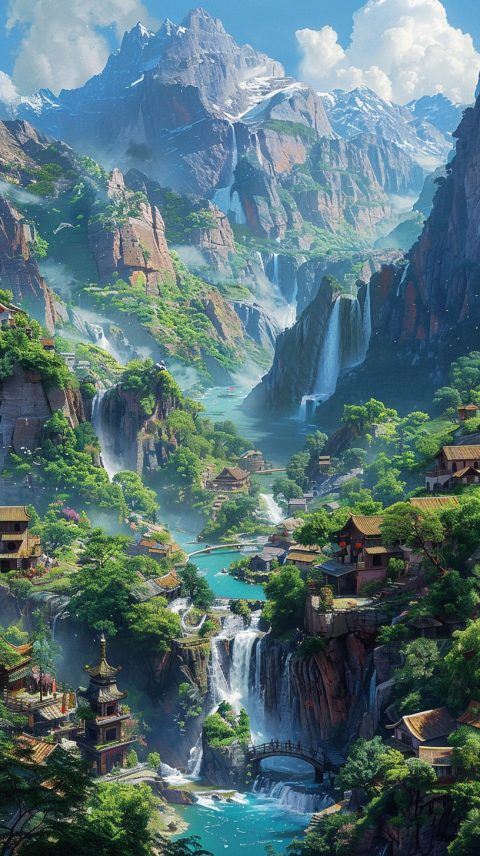 Aerial View of a Japanese Village with Beautiful Landscapes – Anime Vibes