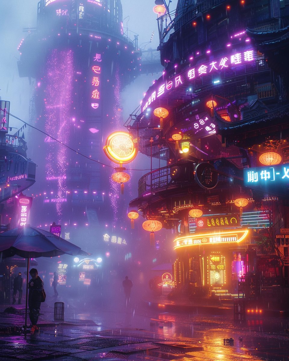 Cyberpunk Cityscapes with Purple and Orange Neon Lights