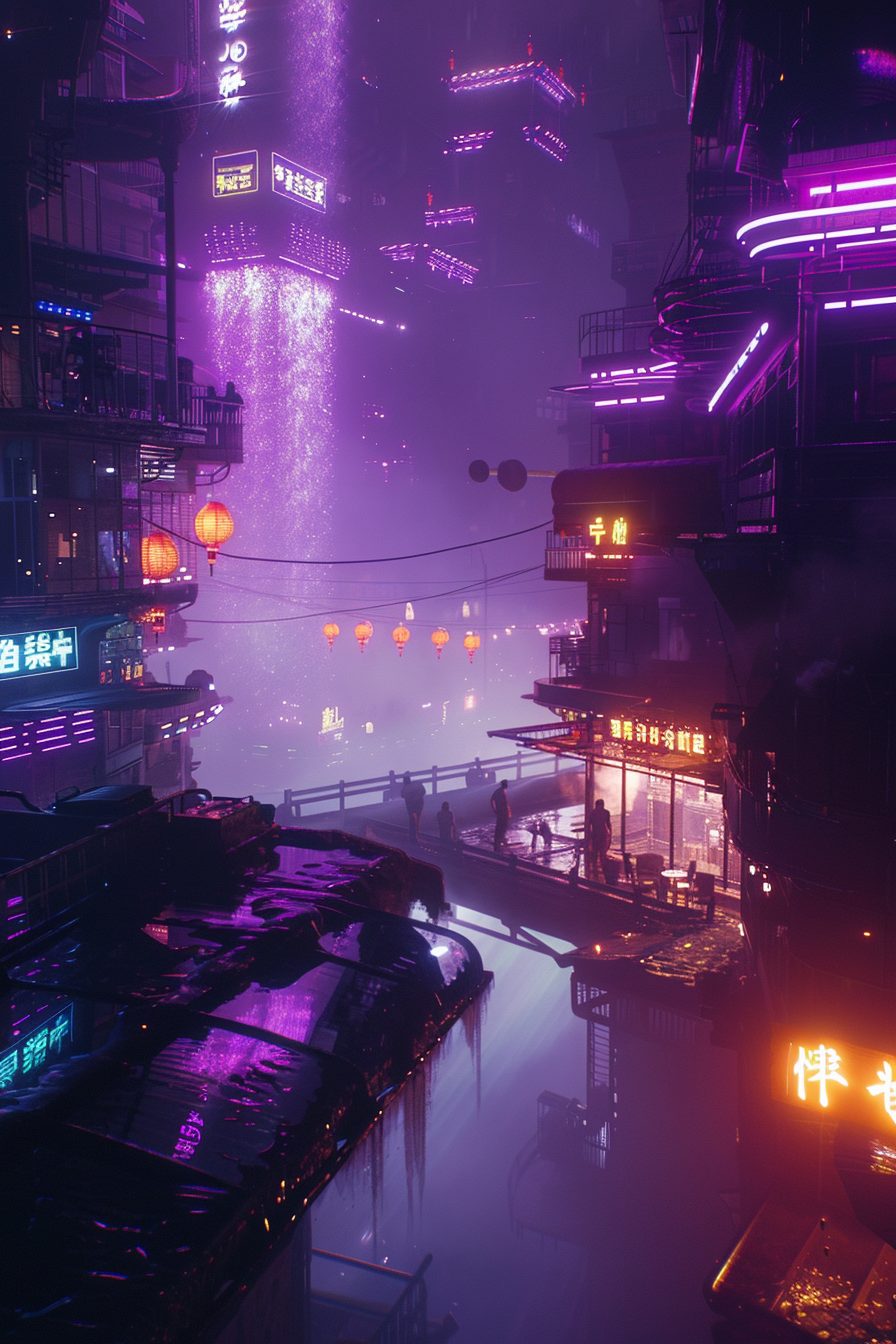 Cyberpunk Cityscapes with Purple and Orange Neon Lights
