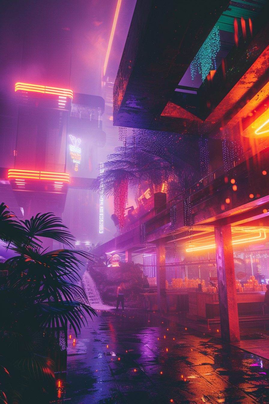 Cyberpunk Cityscapes with Purple and Orange Neon Lights