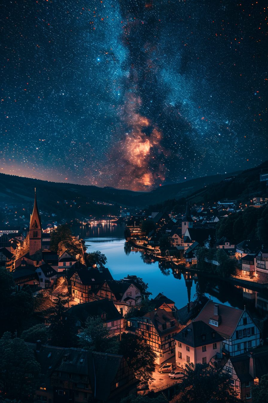 European-Style Town with a Beautiful Night Sky