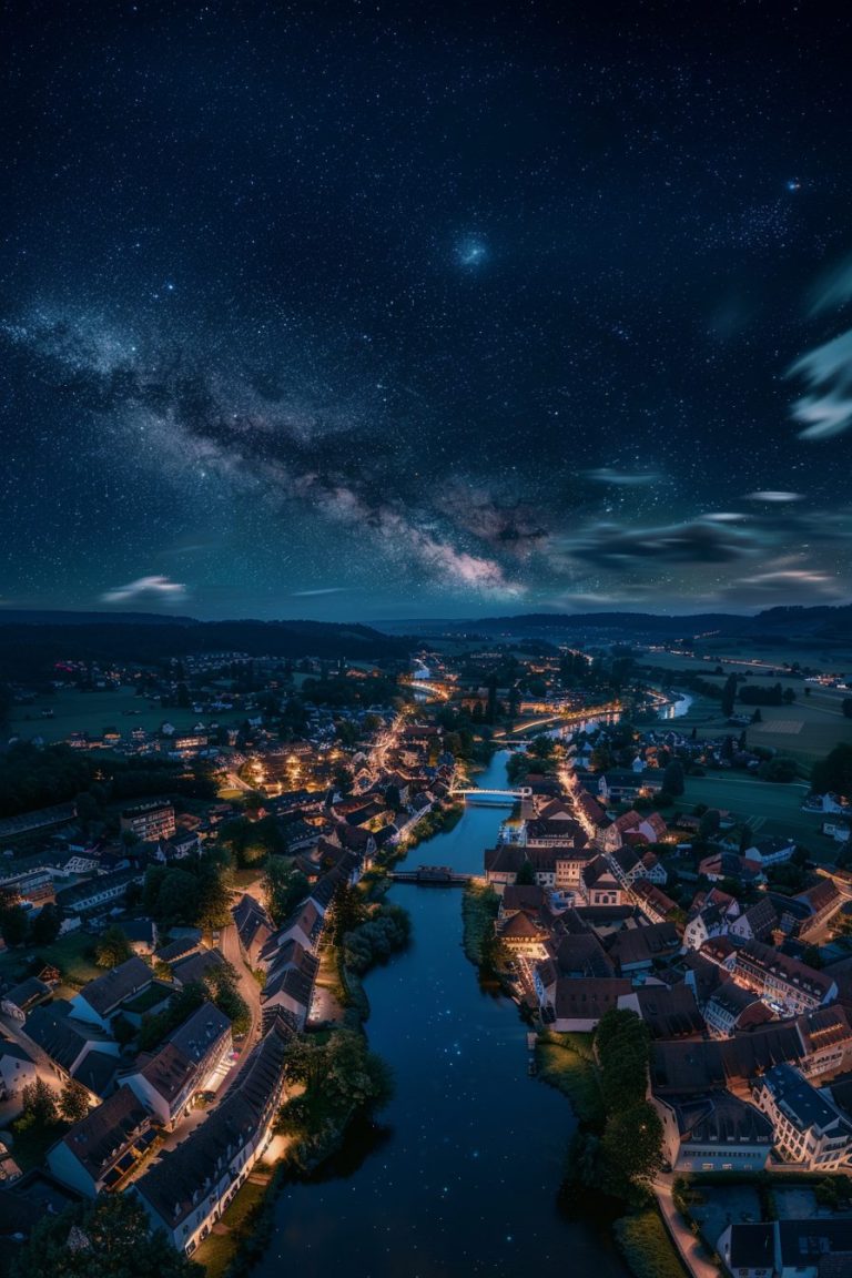 European-Style Town with a Beautiful Night Sky