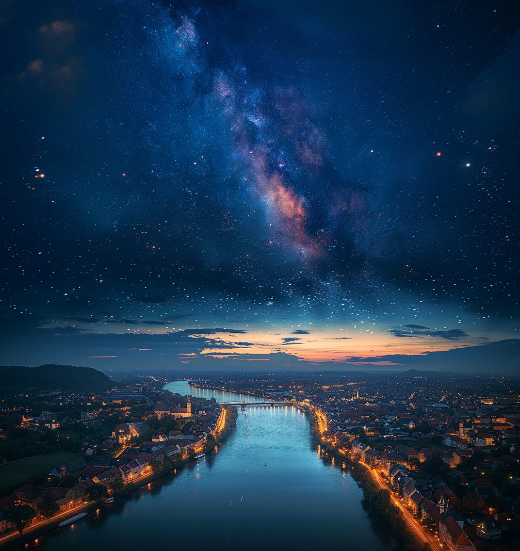 European-Style Town with a Beautiful Night Sky