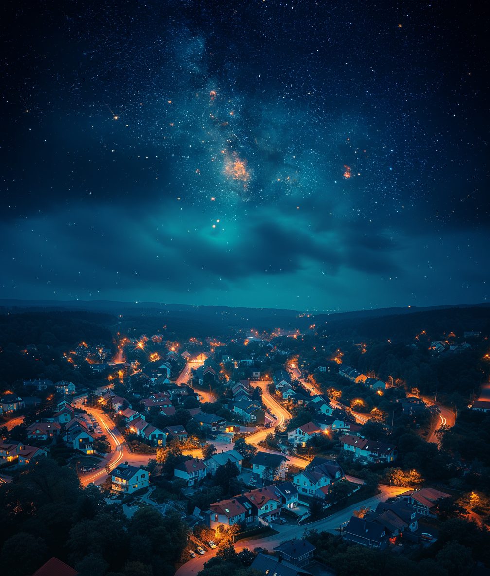 European-Style Town with a Beautiful Night Sky