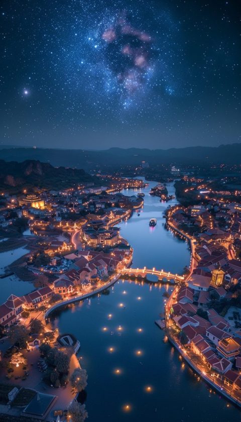 European-Style Town with a Beautiful Night Sky