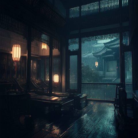 Traditional Chinese-Style Inn with a Rainy View