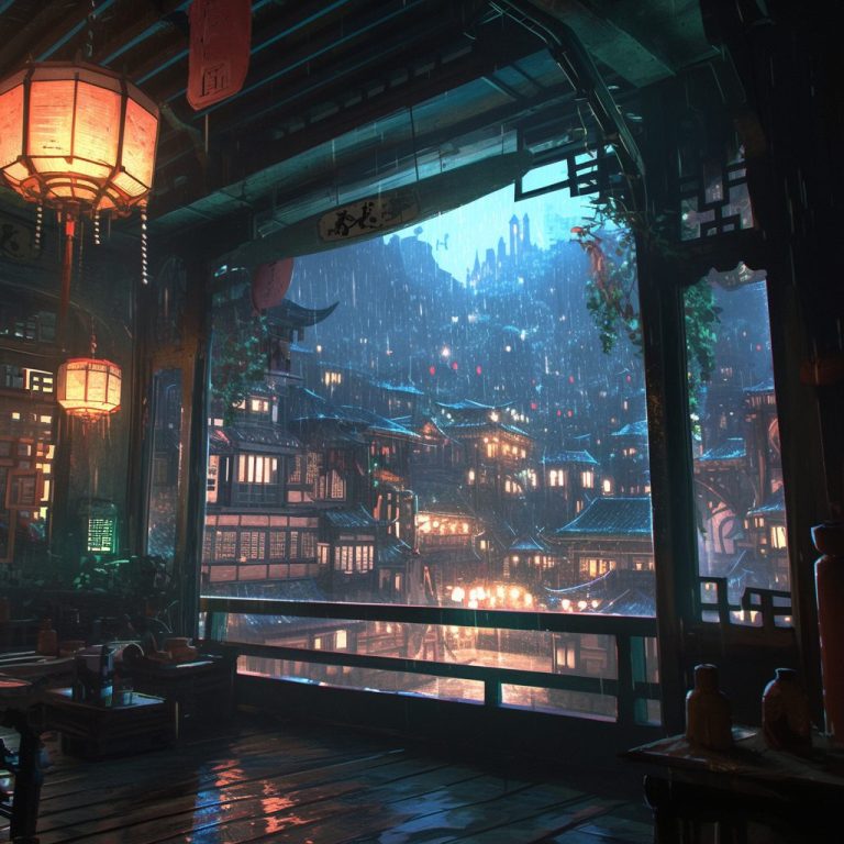 Traditional Chinese-Style Inn with a Rainy View