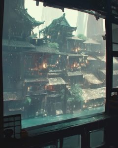 Traditional Chinese-Style Inn with a Rainy View