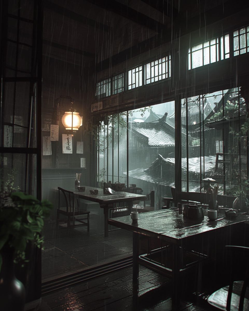 Traditional Chinese-Style Inn with a Rainy View