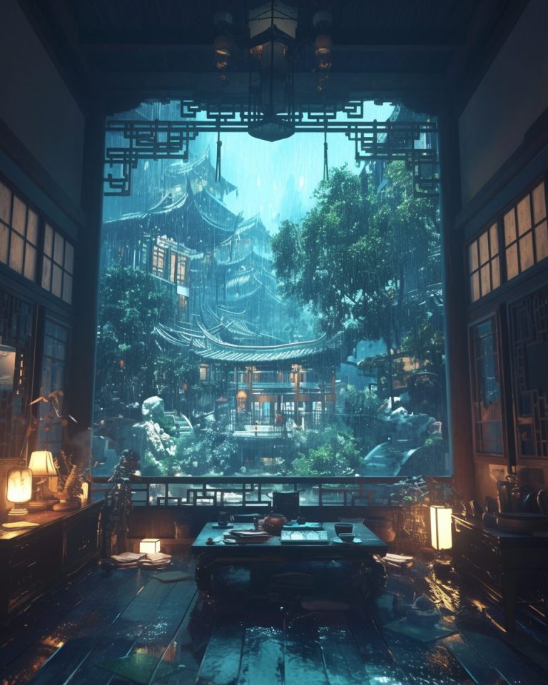 Traditional Chinese-Style Inn with a Rainy View