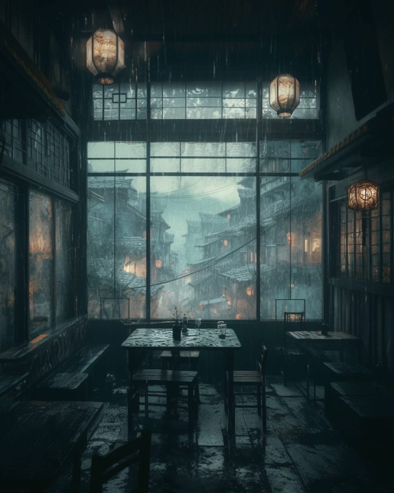 Traditional Chinese-Style Inn with a Rainy View