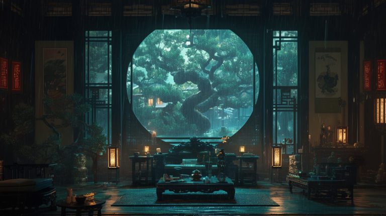 Traditional Chinese-Style Inn with a Rainy View