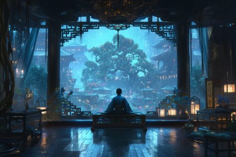 Traditional Chinese-Style Inn with a Rainy View