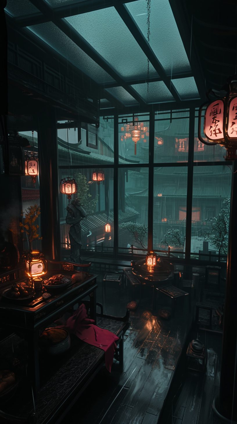 Traditional Chinese-Style Inn with a Rainy View