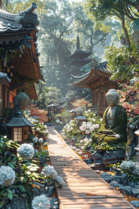 A Traditional Rustic Village of Buddha Statues