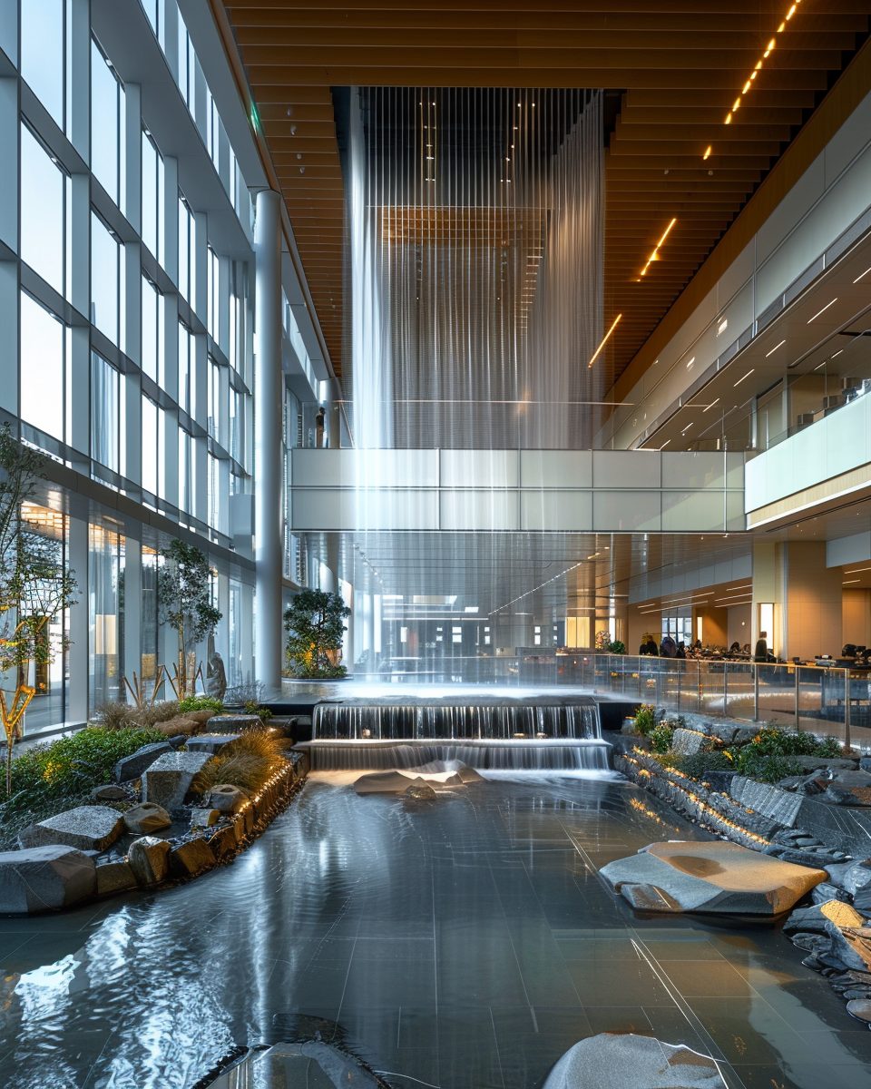 Modern Office Buildings with Indoor Waterfalls
