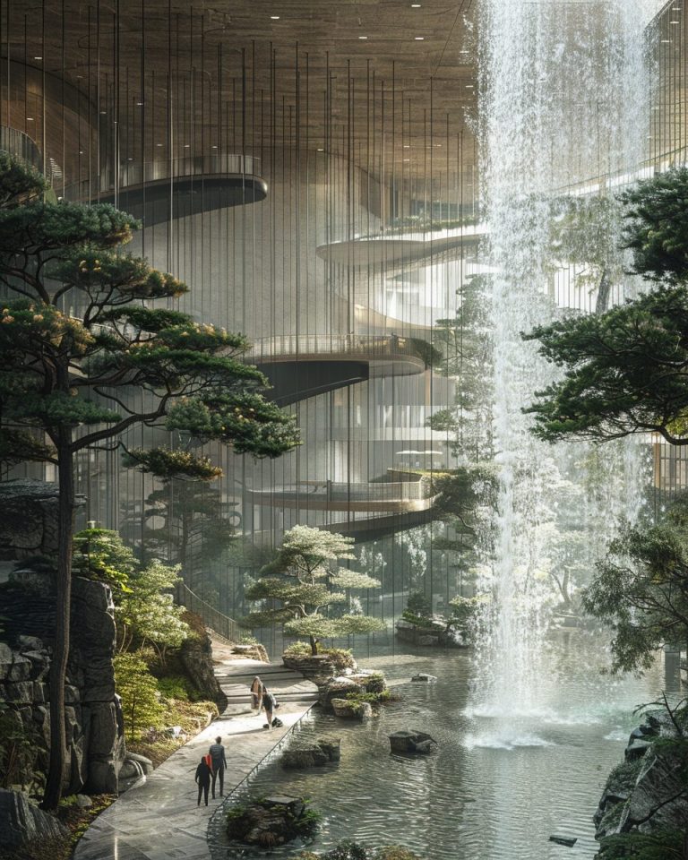 Modern Office Buildings with Indoor Waterfalls