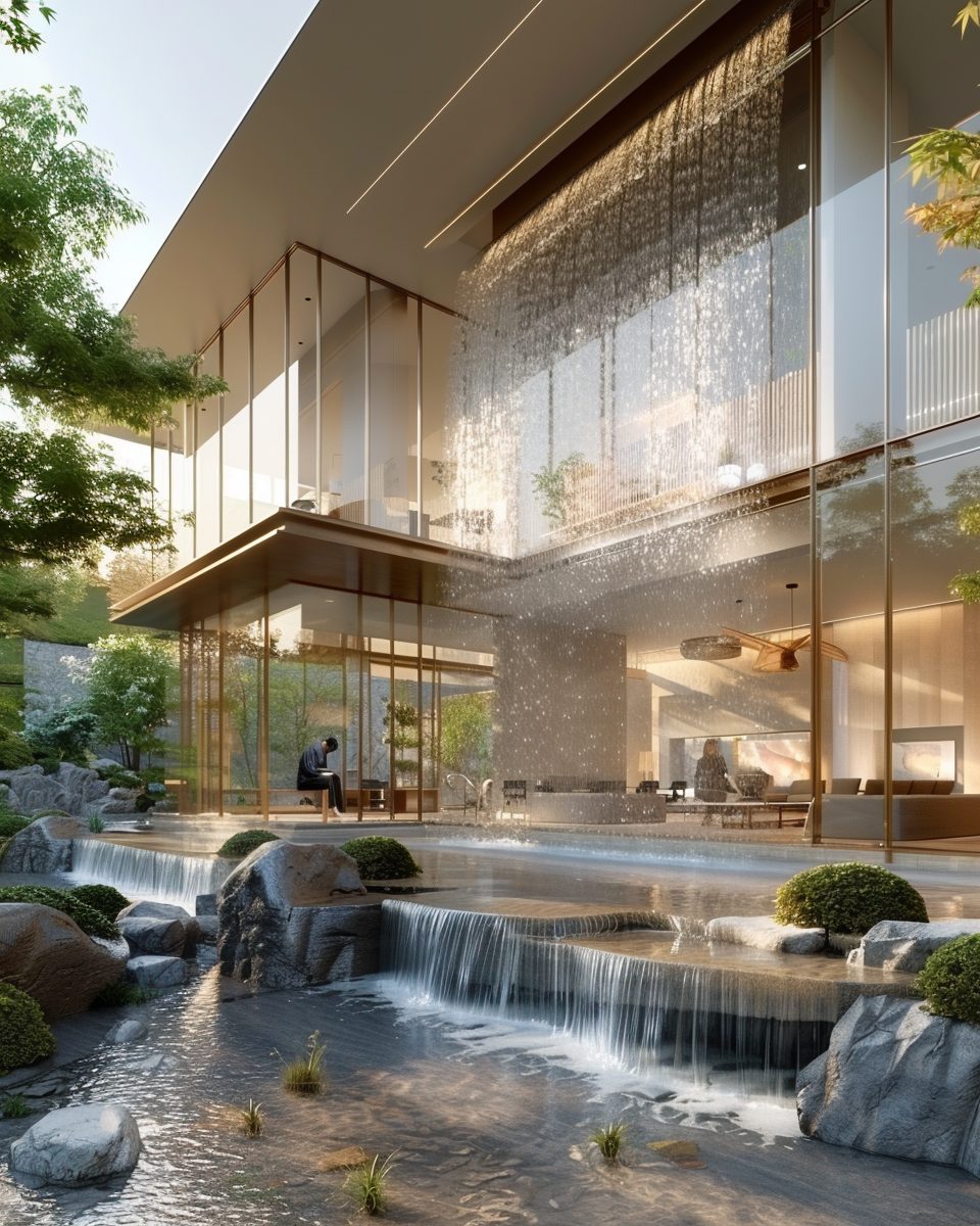 Modern Office Buildings with Indoor Waterfalls
