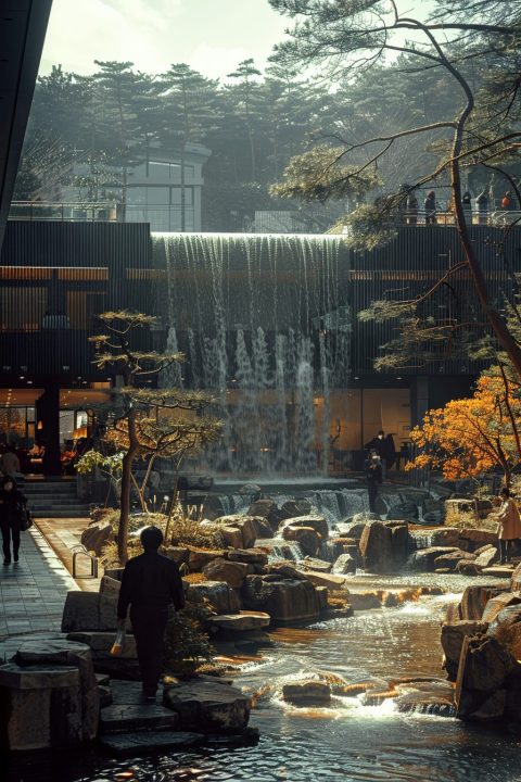 Modern Office Buildings with Indoor Waterfalls