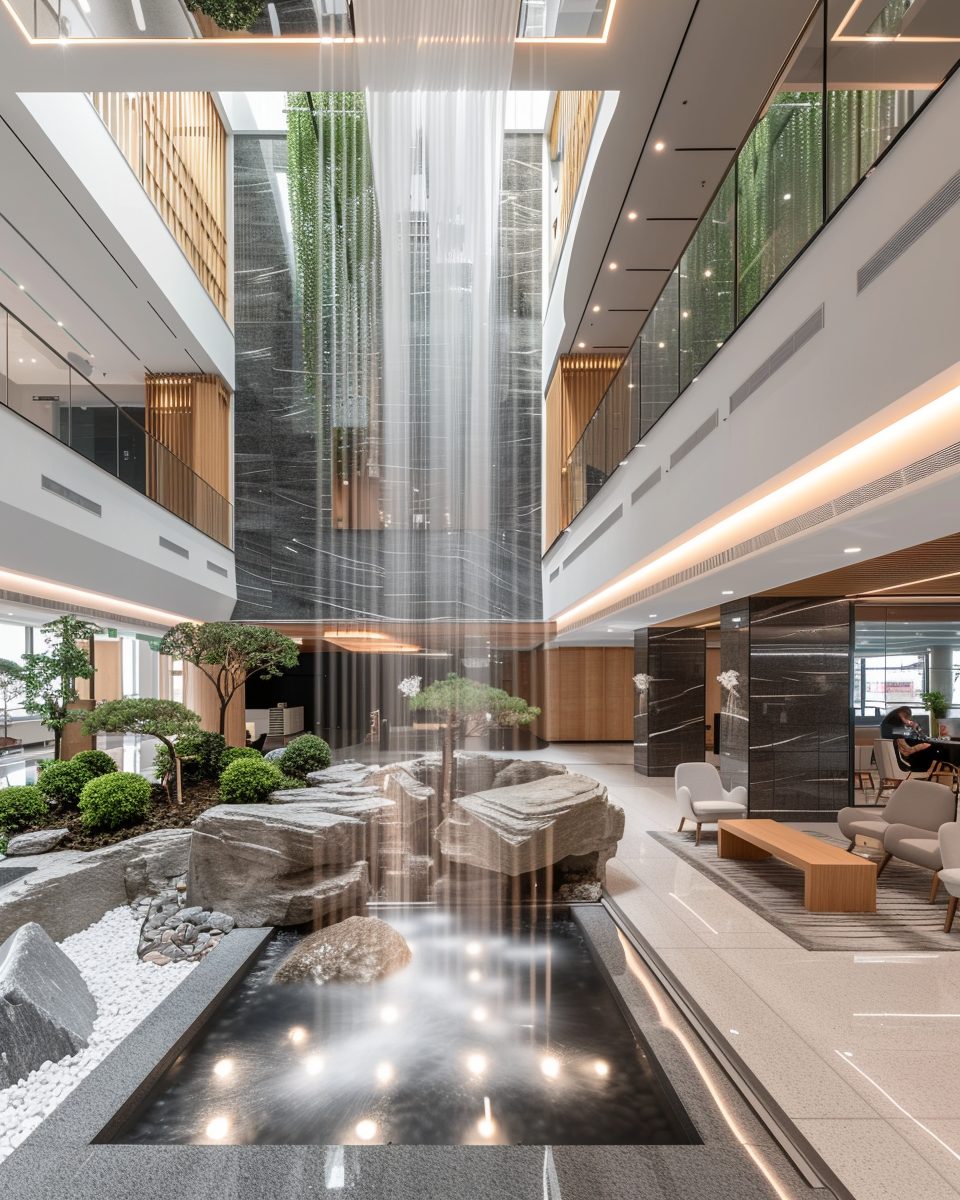 Modern Office Buildings with Indoor Waterfalls
