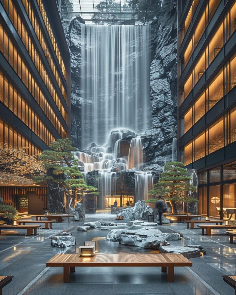 Modern Office Buildings with Indoor Waterfalls