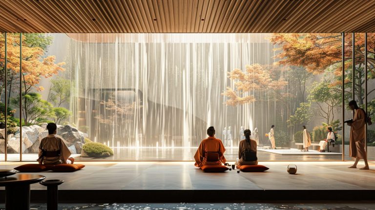 Modern Office Buildings with Indoor Waterfalls