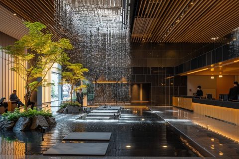Modern Office Buildings with Indoor Waterfalls