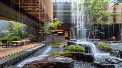 Modern Office Buildings with Indoor Waterfalls