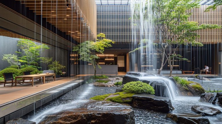 Modern Office Buildings with Indoor Waterfalls