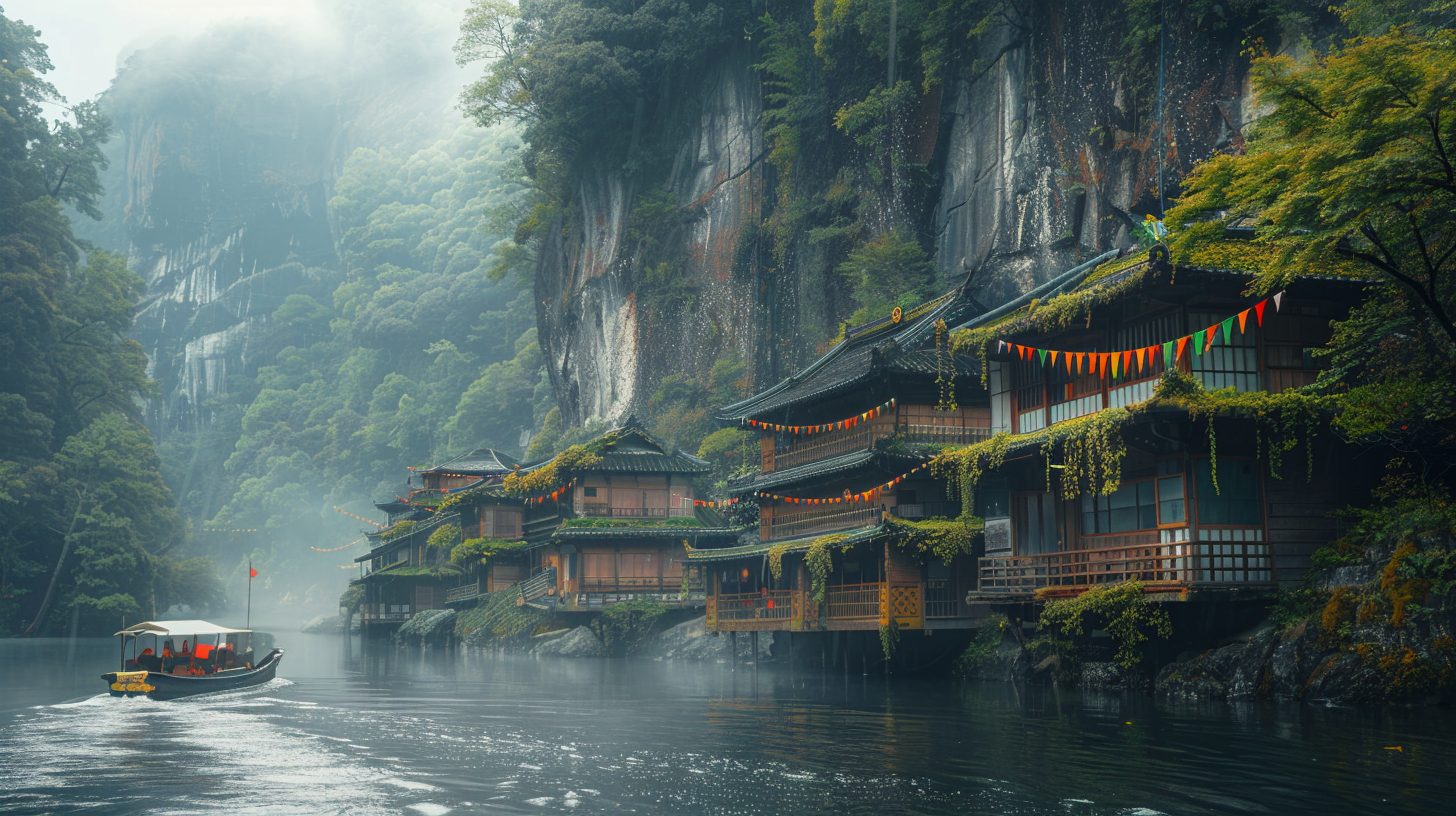 Mountain River Valley Village in Japan