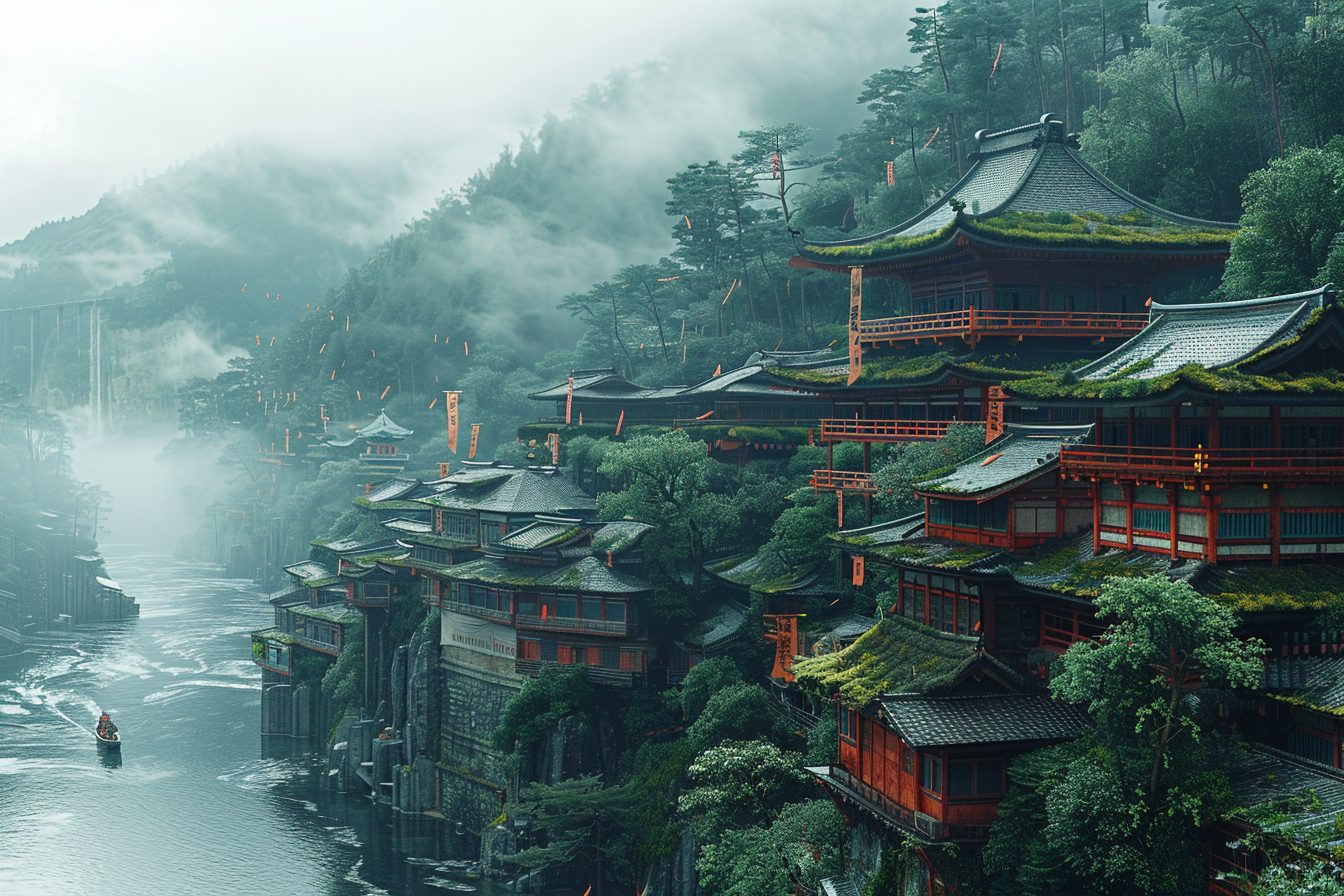 Mountain River Valley Village in Japan