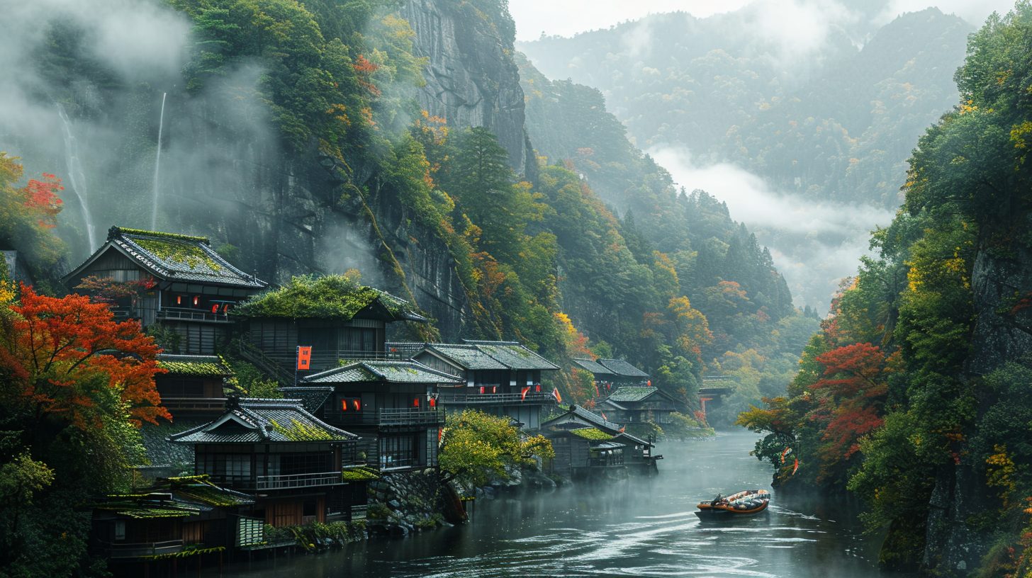 Mountain River Valley Village in Japan