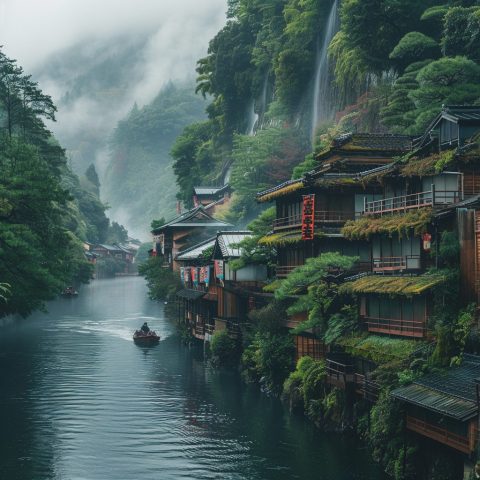 Mountain River Valley Village in Japan