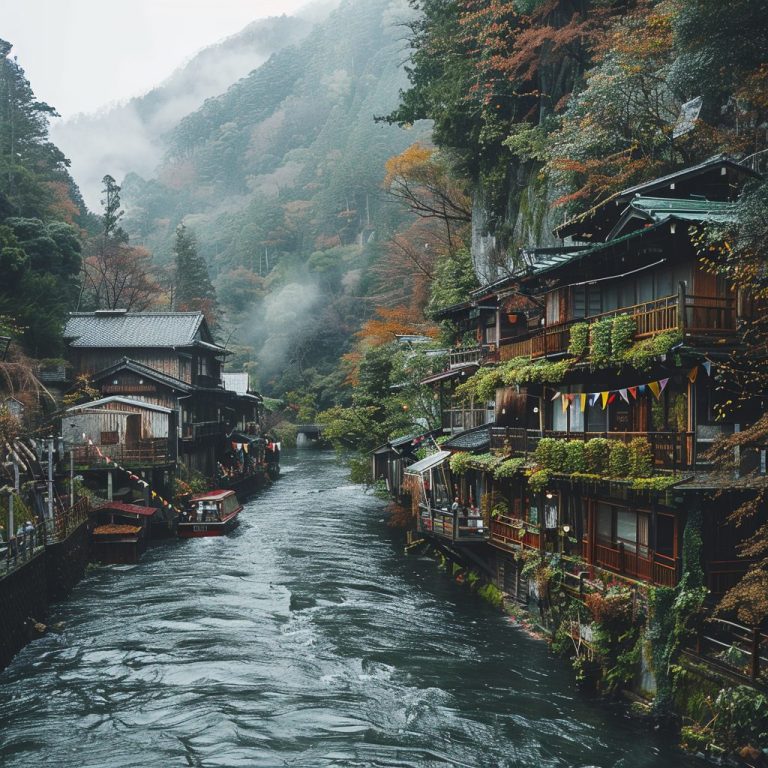 Mountain River Valley Village in Japan