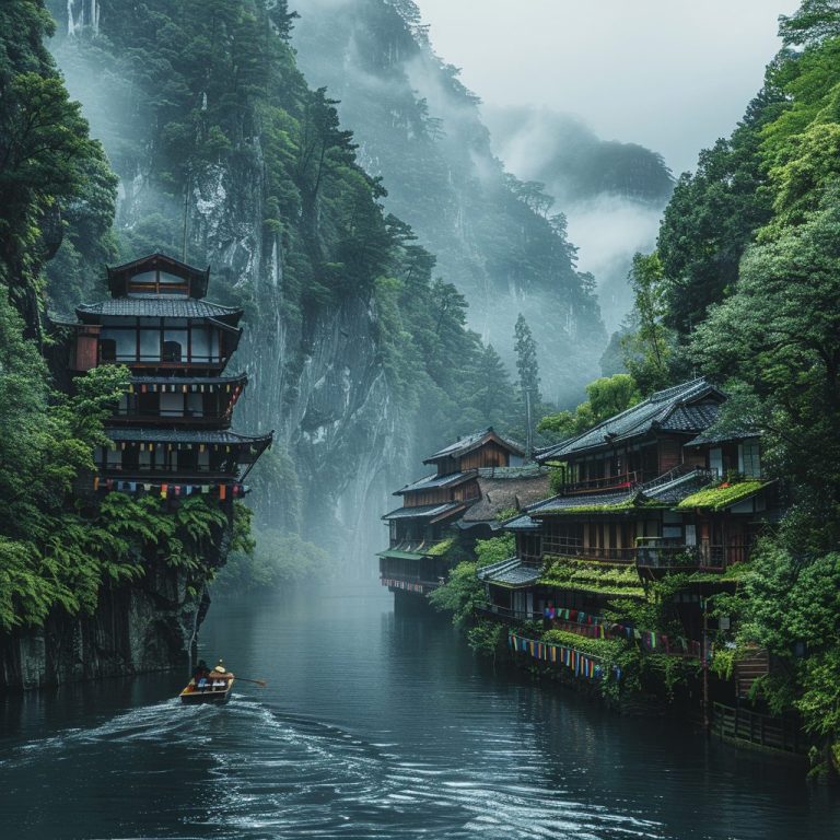 Mountain River Valley Village in Japan