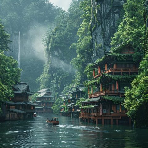Mountain River Valley Village in Japan