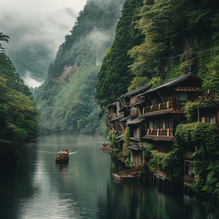 Mountain River Valley Village in Japan