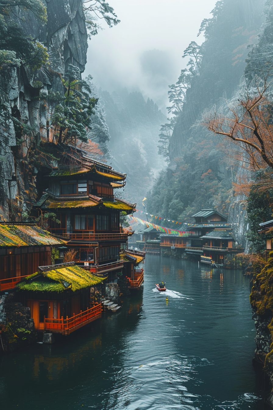 Mountain River Valley Village in Japan