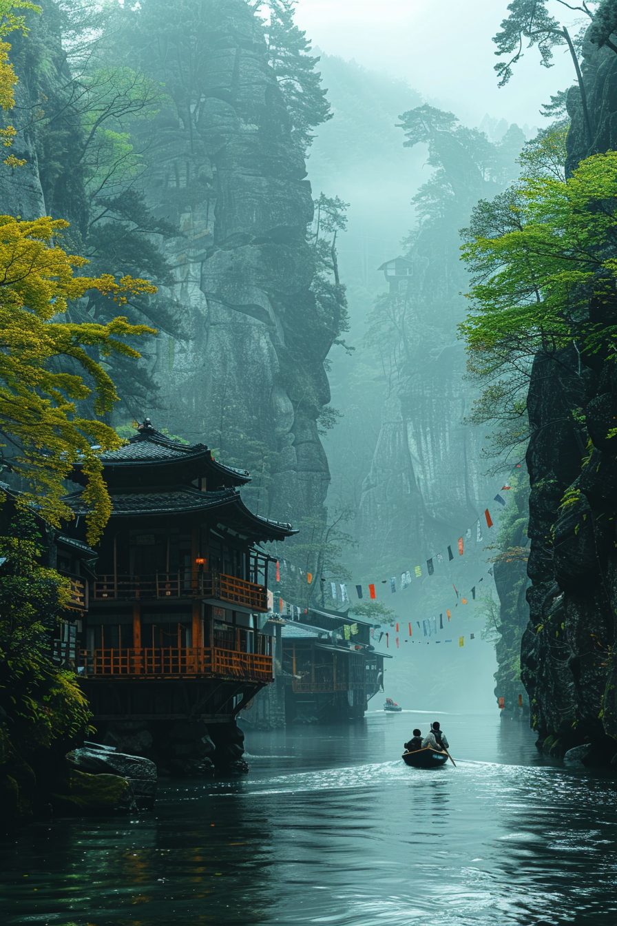 Mountain River Valley Village in Japan