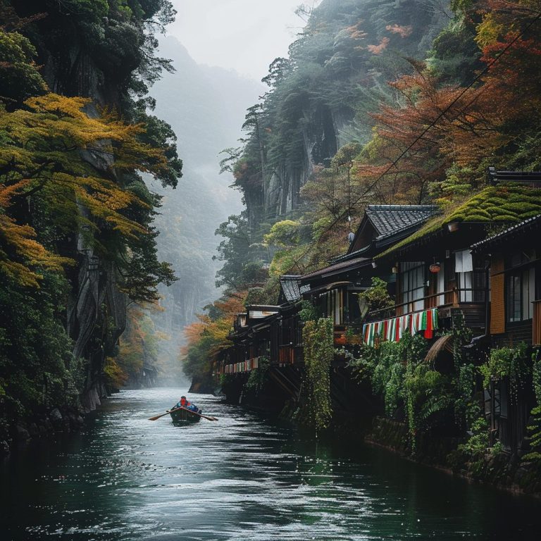 Mountain River Valley Village in Japan